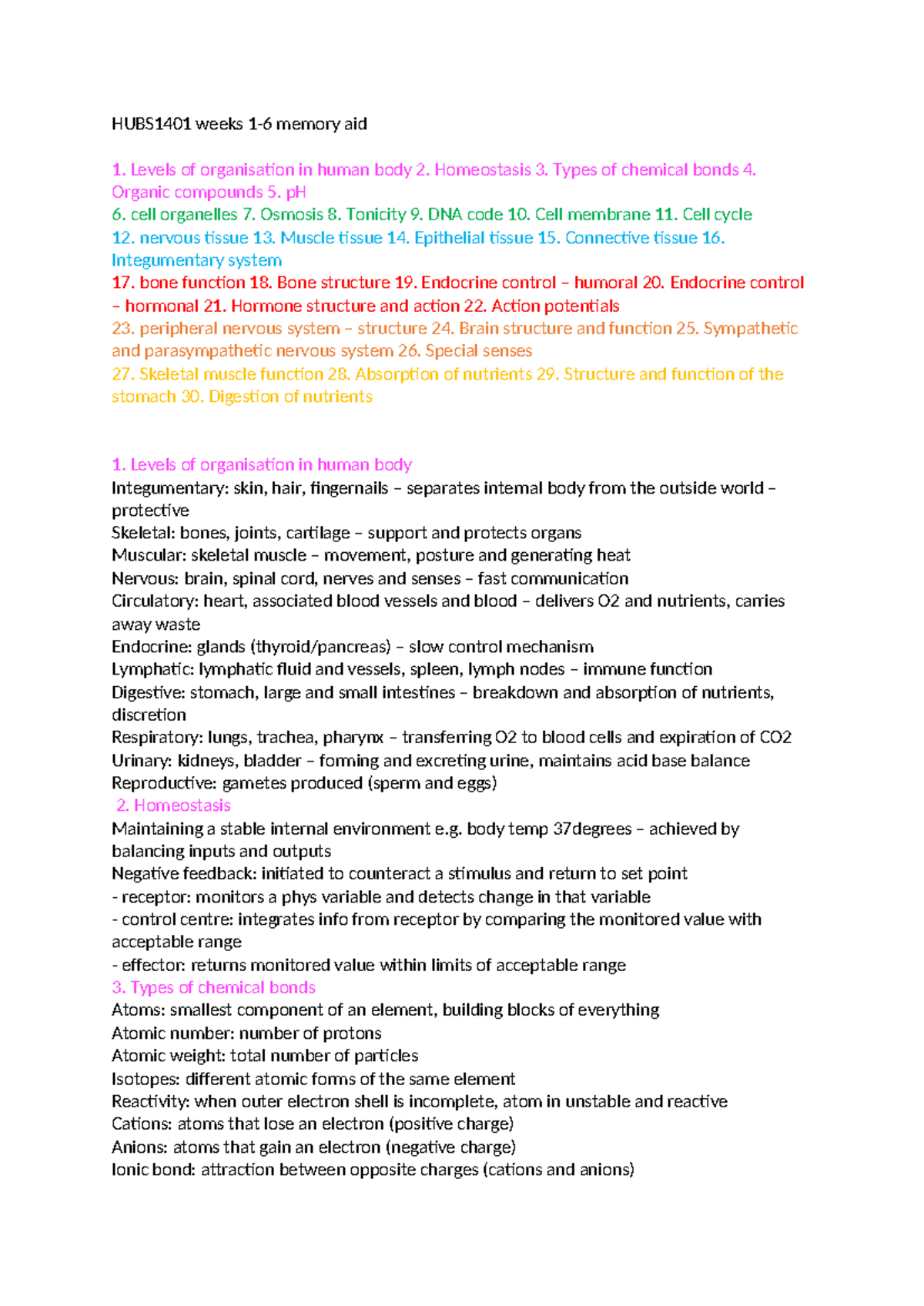 Hubs 1401 cheat sheet - Summary Human Bioscience - HUBS1401 weeks 1-6 ...