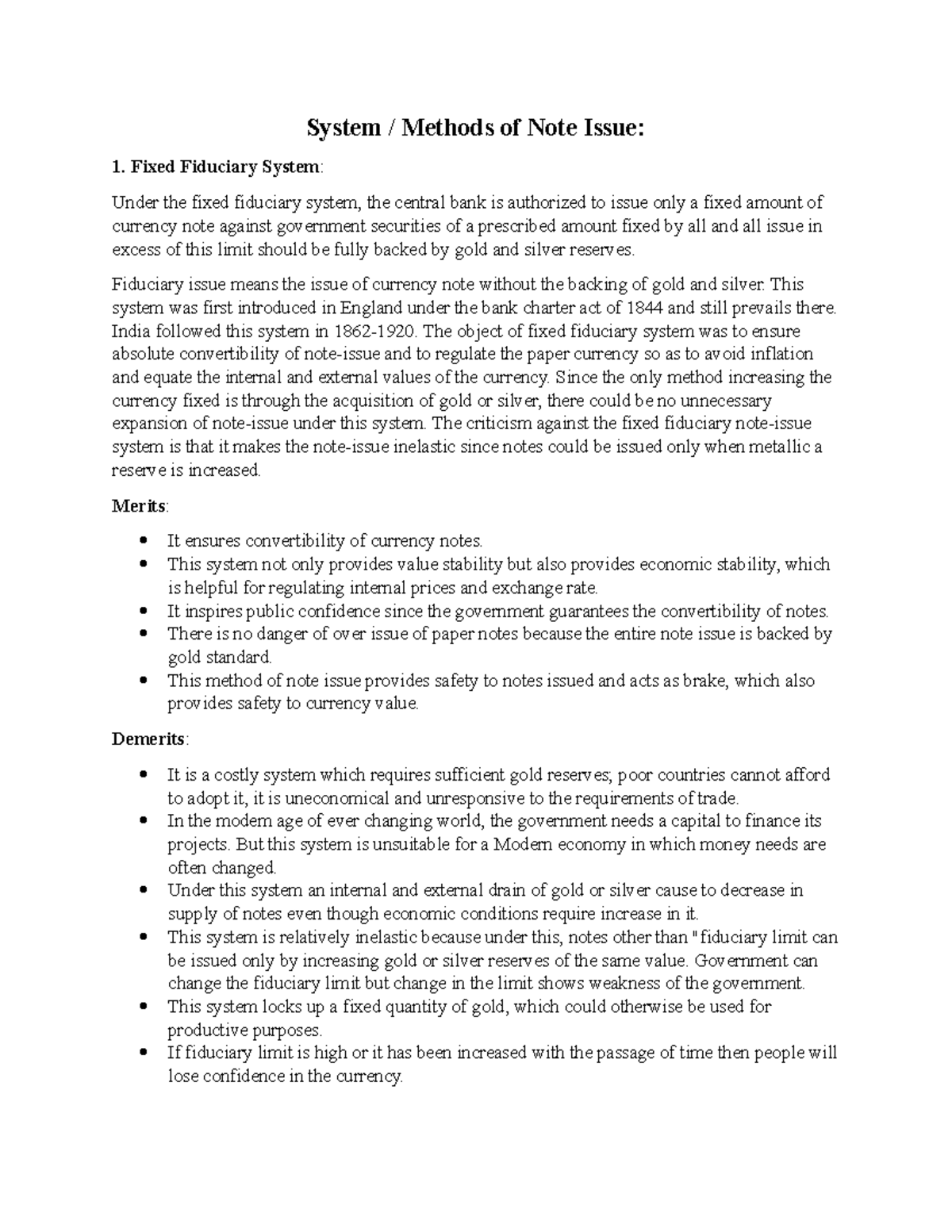 MS Assignment - System / Methods of Note Issue: 1. Fixed Fiduciary ...