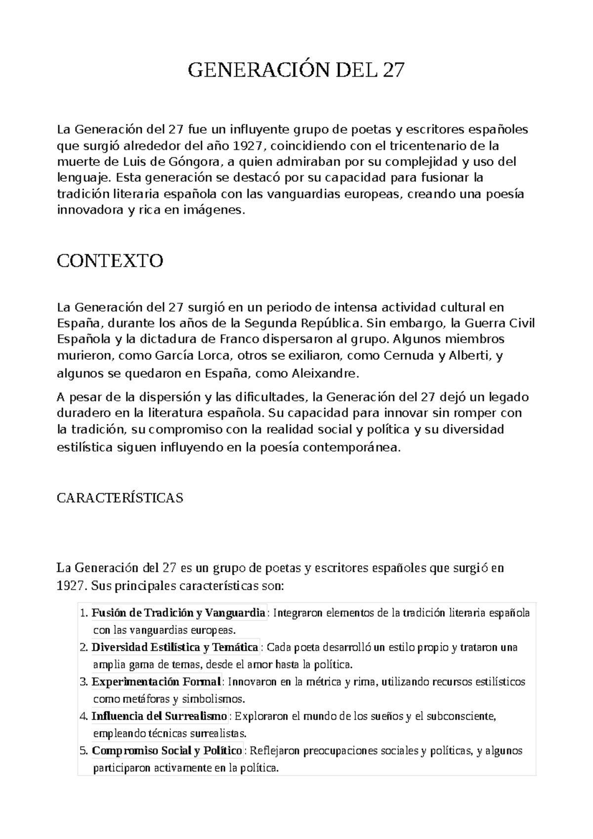 Geneación del 27 - Resumen de la Generación del 27 y sus ...