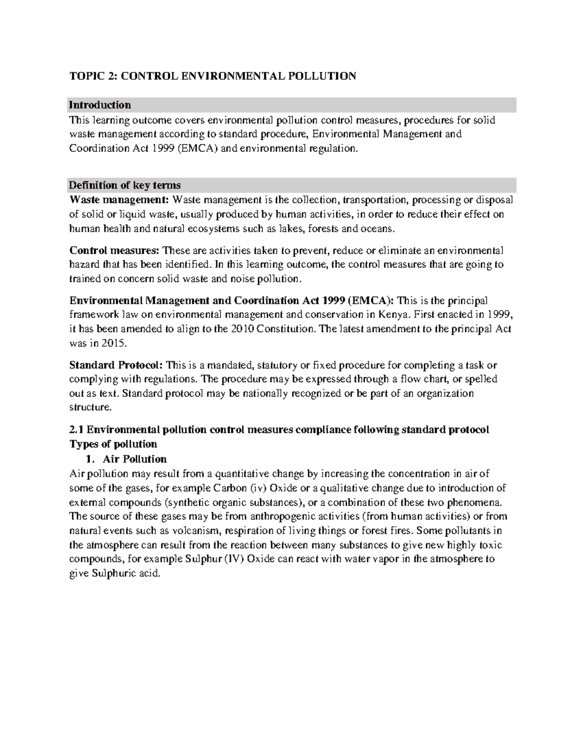 EL Topic 2 - Environmental literacy - TOPIC 2: CONTROL ENVIRONMENTAL ...