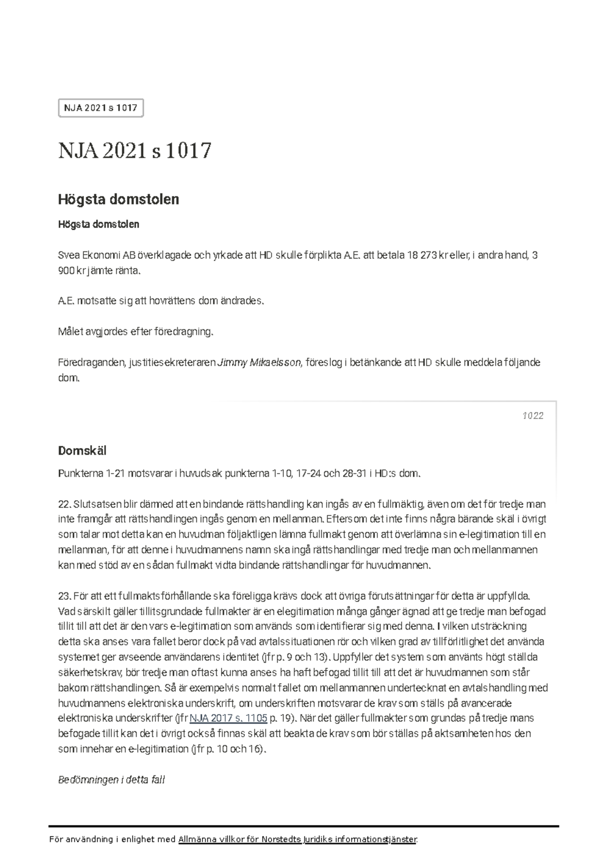 Nja 2021 s 1017 - NJA 2021 s 1017 NJA 2021 s 1017 Högsta domstolen ...