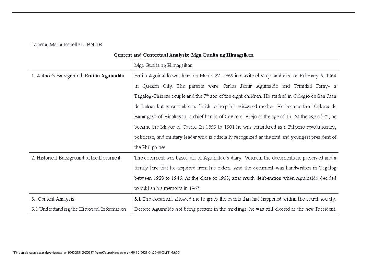 Content and Contextual Analysis Mga Gunita ng Himagsikan - Lopena, Maria Isabelle L. BN-1B ...