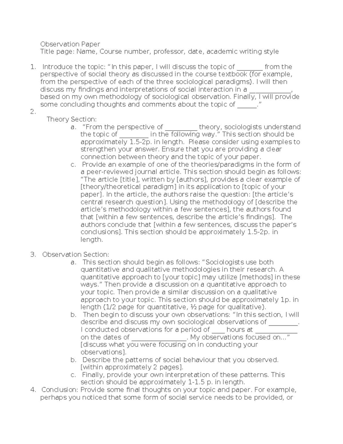 Structure of Paper - Observation Paper Title page: Name, Course number ...