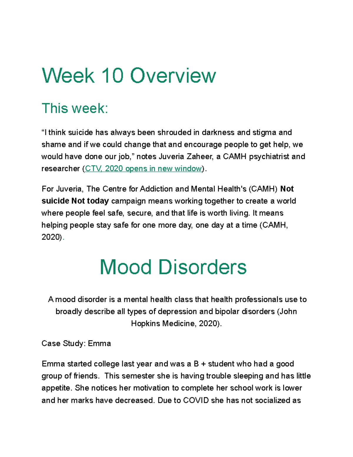 Week 10 Summary - Psychology - mood disorders - Week 10 Overview This ...
