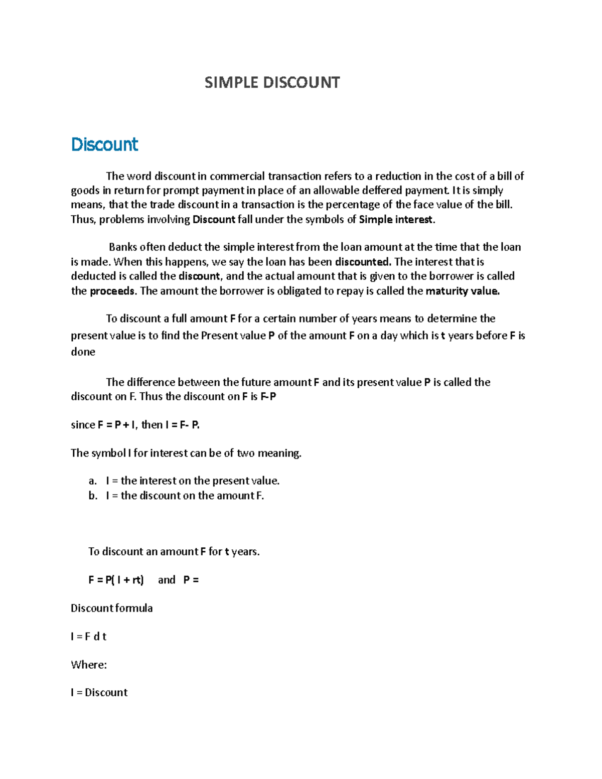 Simple Discount in Mathematics of Investment - SIMPLE DISCOUNT Discount ...
