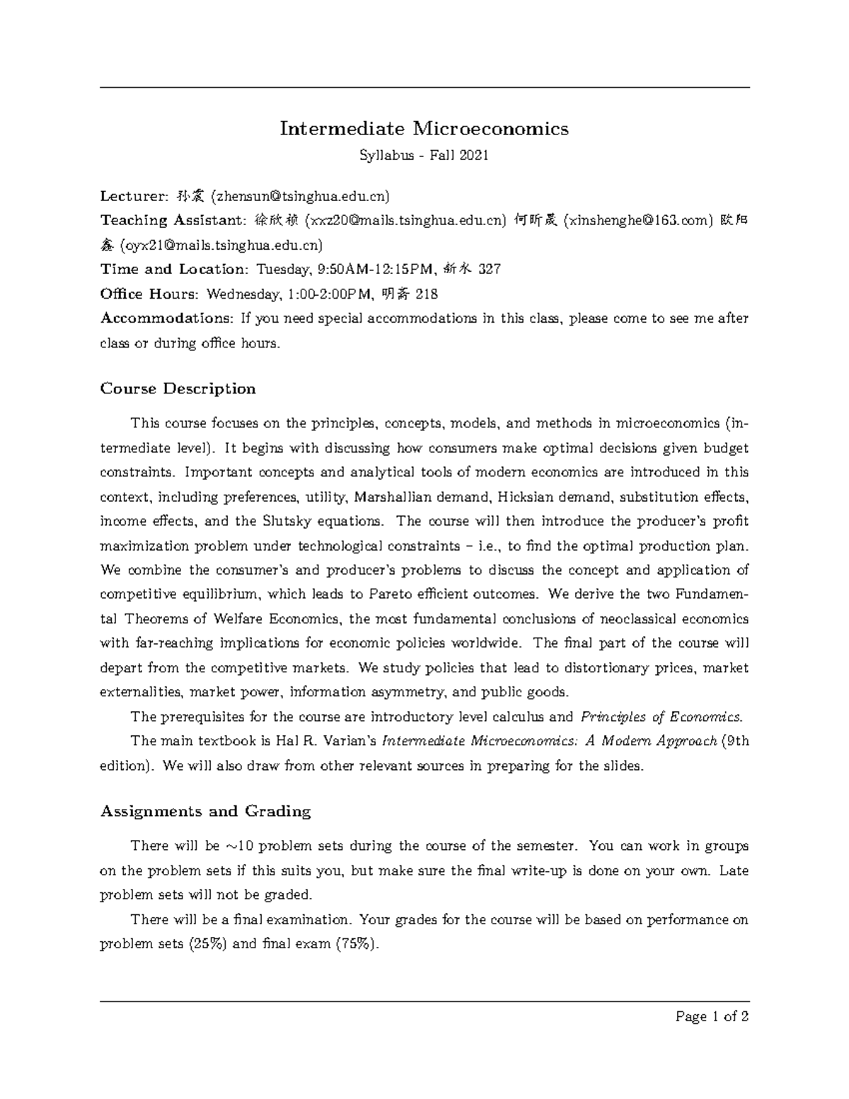 Syllabus microeconomics - Intermediate Economics - Studocu