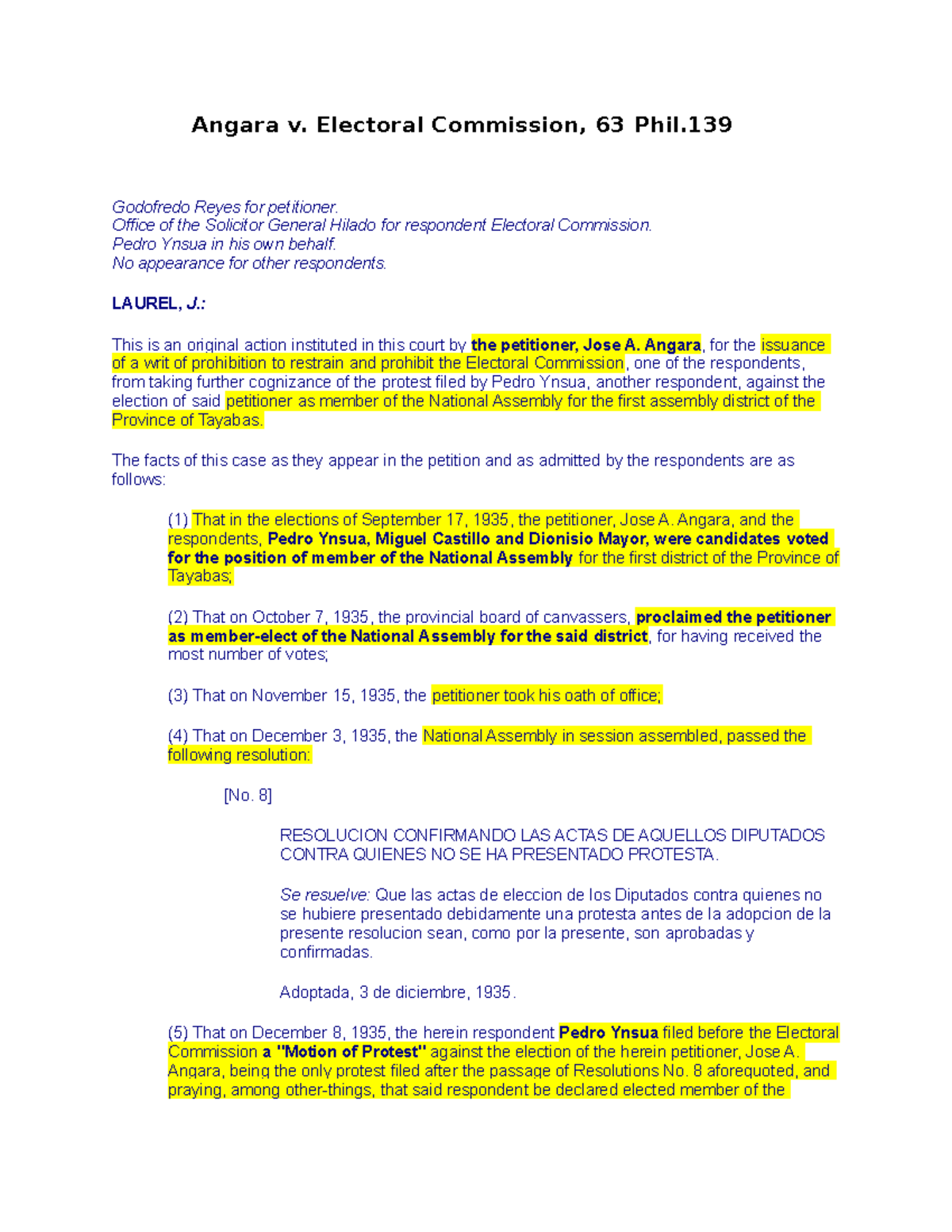 Angara v. Electoral Commission, 63 Phil - Angara v. Electoral ...
