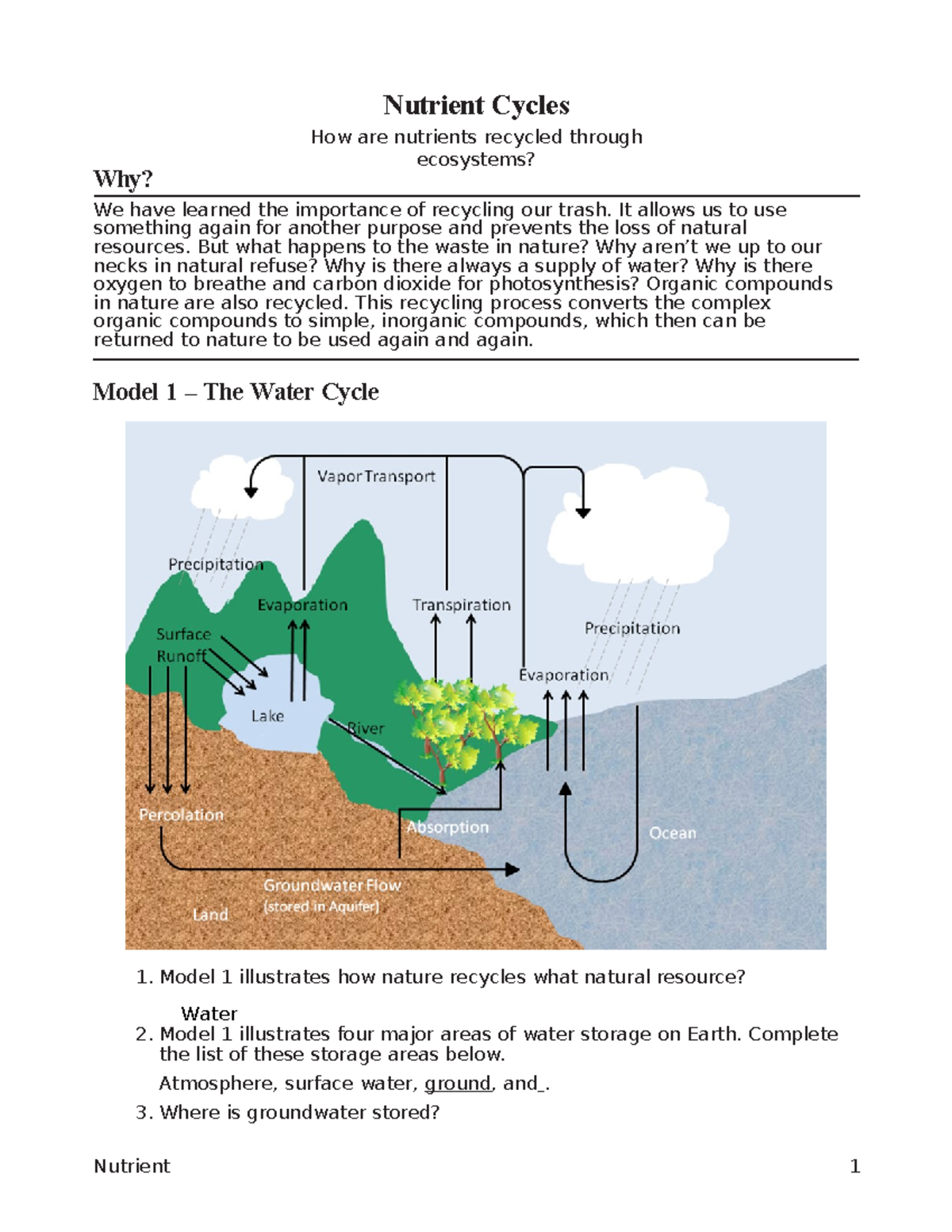 Activity Nutrient Cycles - Nutrient Cycles 1 Why? Nutrient Cycles How ...