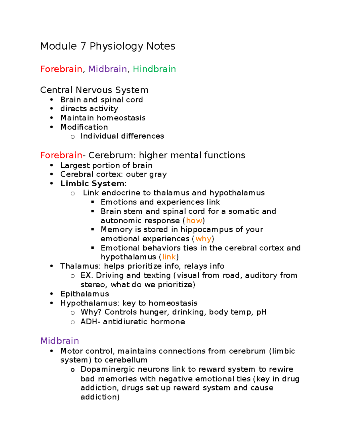 Physiology Module 7 - Module 7 Physiology Notes Forebrain, Midbrain ...