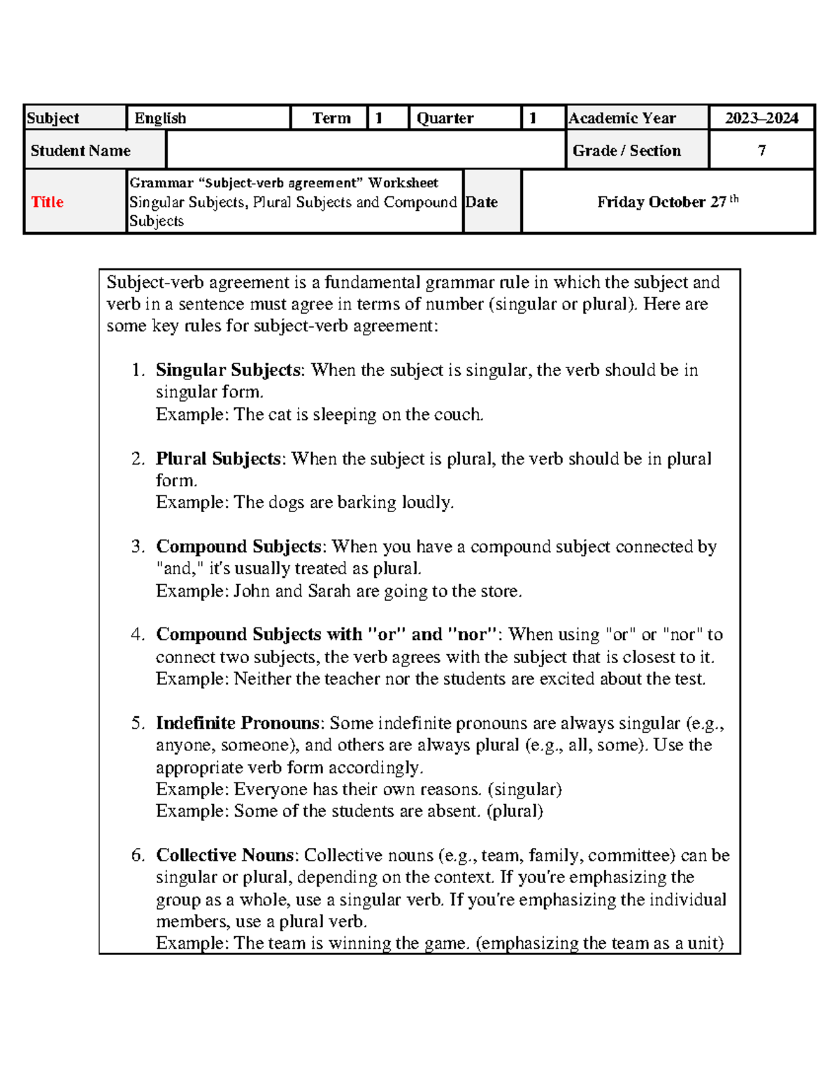 ENG G7 SVA 27th of Oct worksheet - Subject-verb agreement is a ...