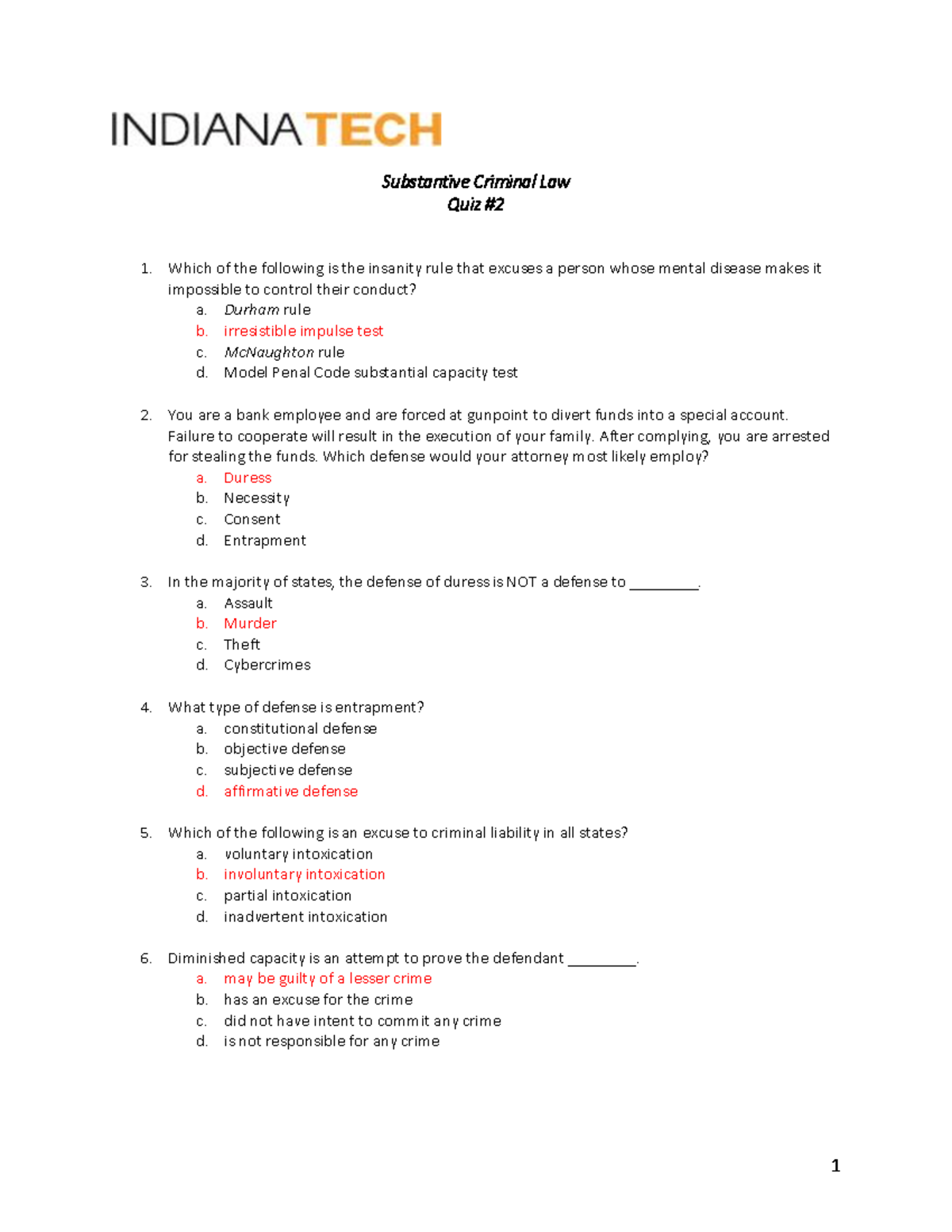 F22 Crim Q2 KEY - Quiz 2 answer key - Substantive Criminal Law Quiz # 2 ...