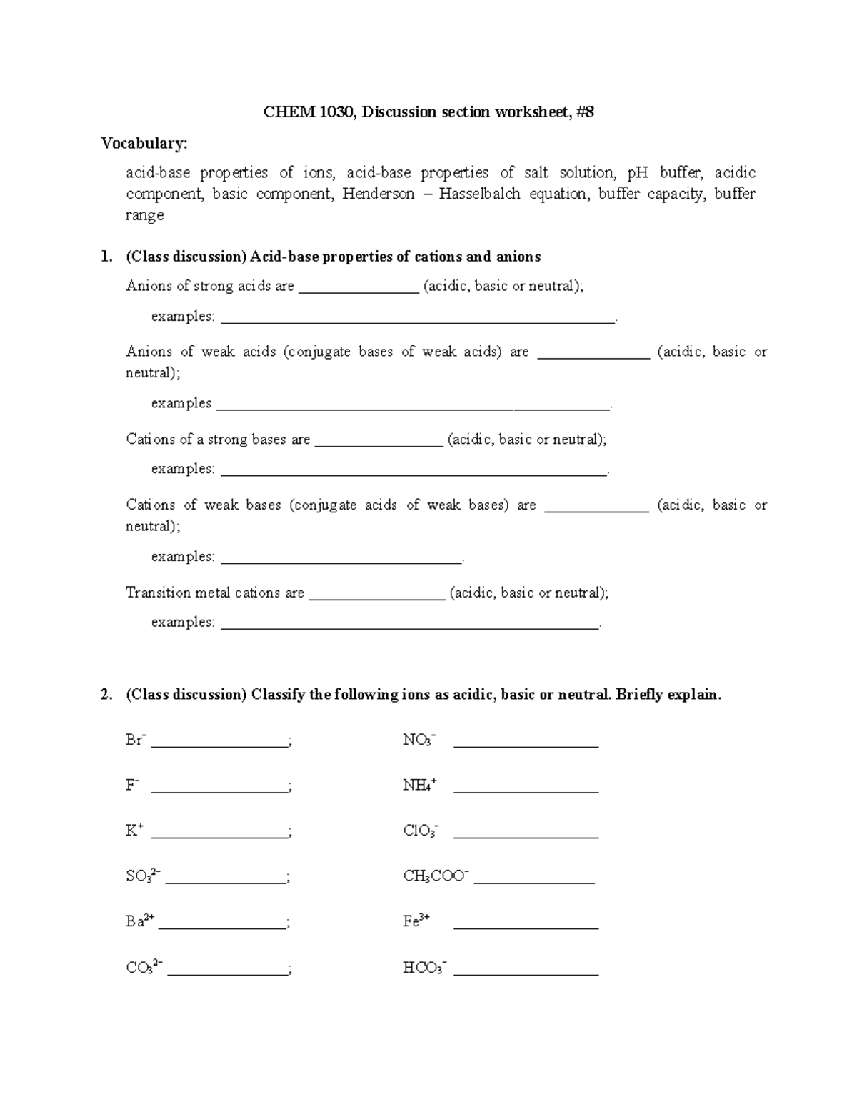 Discussion section worksheet 08 - (Class discussion) Acid-base ...