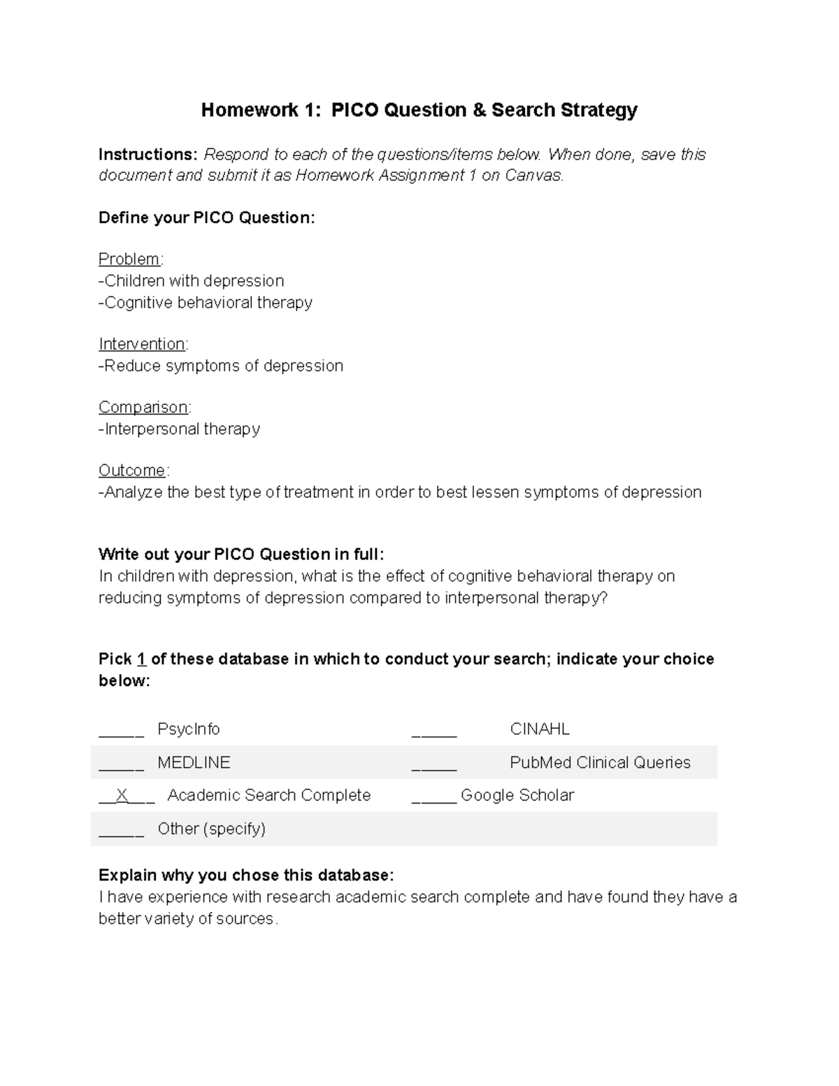 Homework 1 PICO Question and Search Strategy - Homework 1: PICO ...