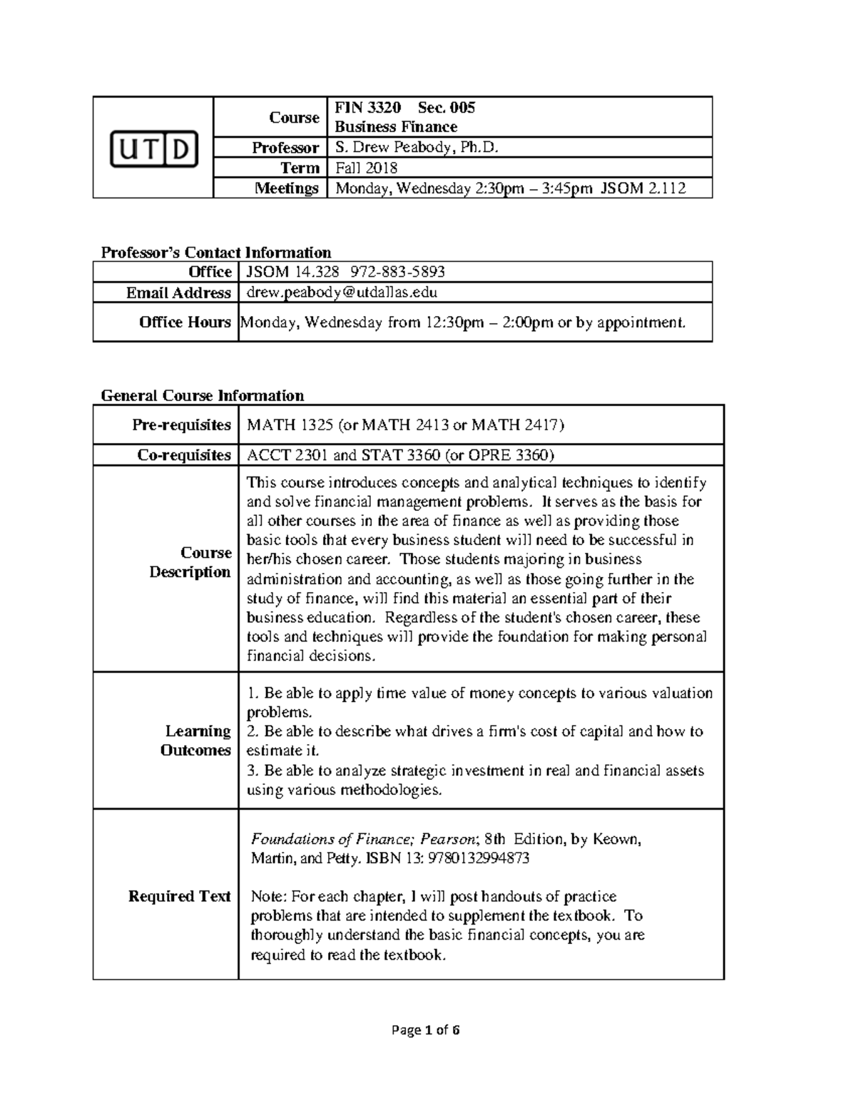 FIN 3320.005.18F Syllabus - Warning: TT: undefined function: 22 Course FIN 3320 Sec. 005 ...