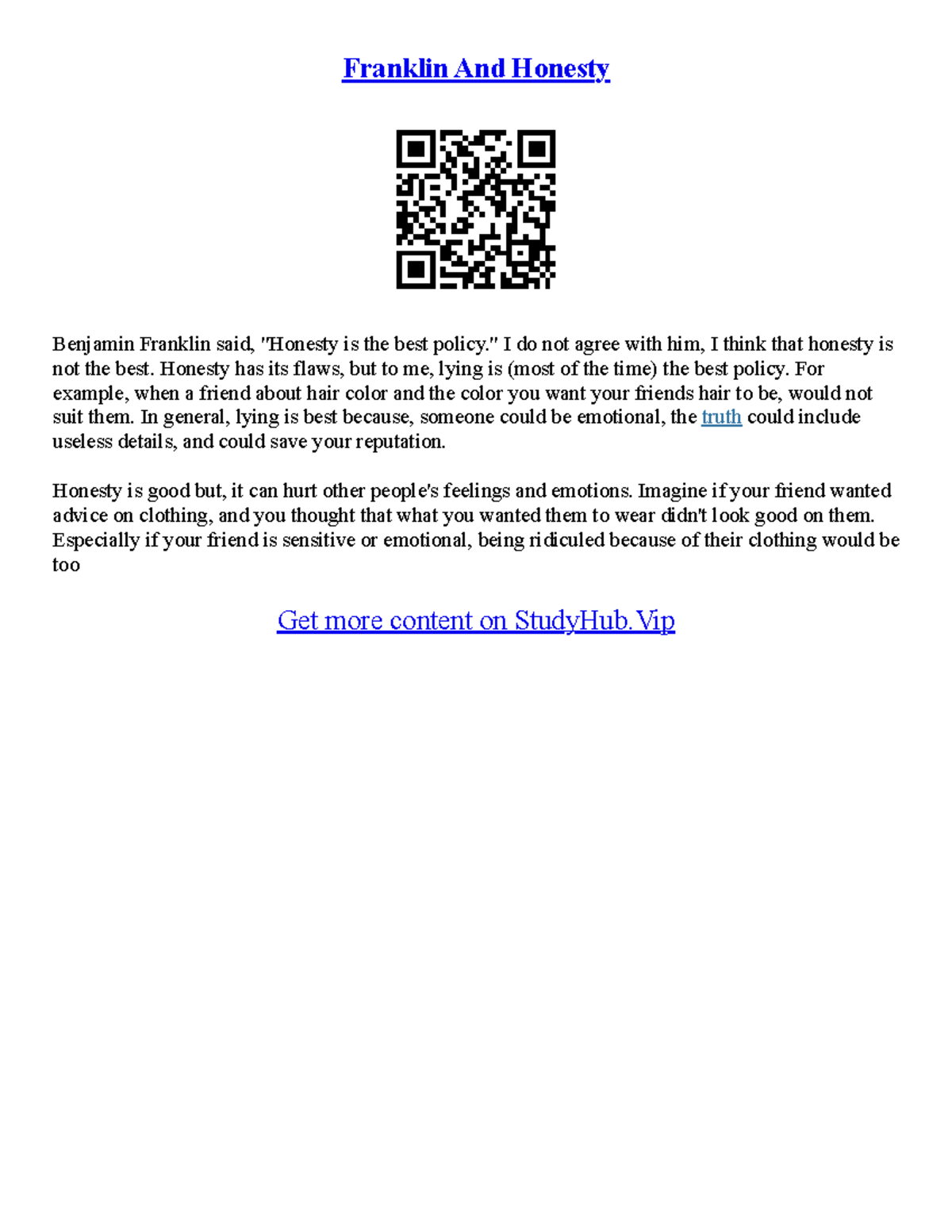 Is Honesty The Best Policy Essay - Franklin And Honesty Benjamin ...