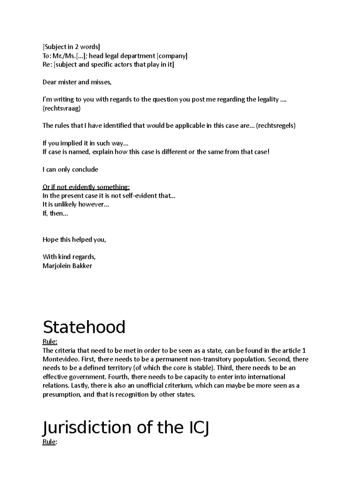 Schema - [Subject in 2 words] To: Mr./Ms.[...]; head legal department ...