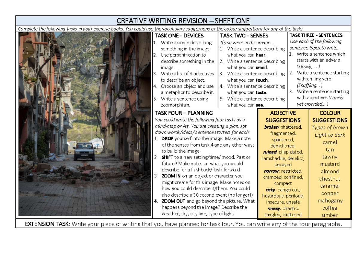 Creative Writing Cover - CREATIVE WRITING REVISION – SHEET ONE Complete ...