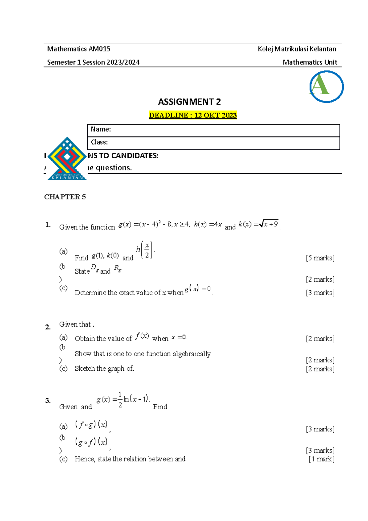 Tugasan 2 SET A Soalan - Good - Mathematics AM015 Kolej Matrikulasi ...