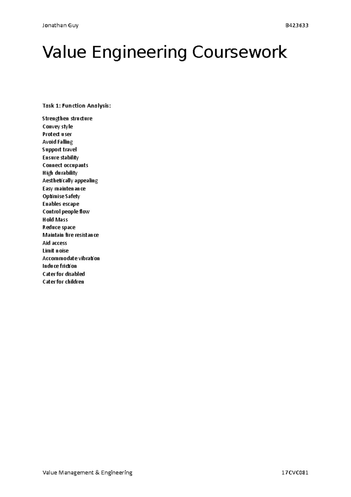 Coursework - Value Engineering Coursework Task 1: Function Analysis ...