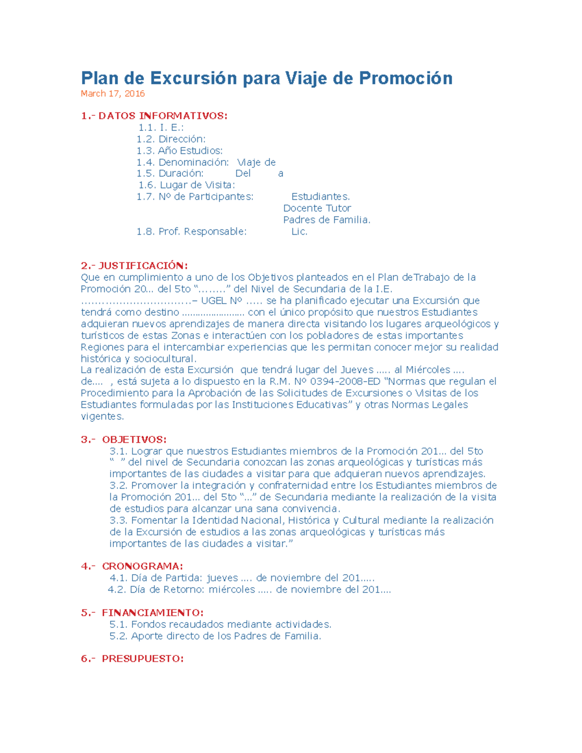PLAN DE Excursión - Plan de Excursión para Viaje de Promoción March 17 ...