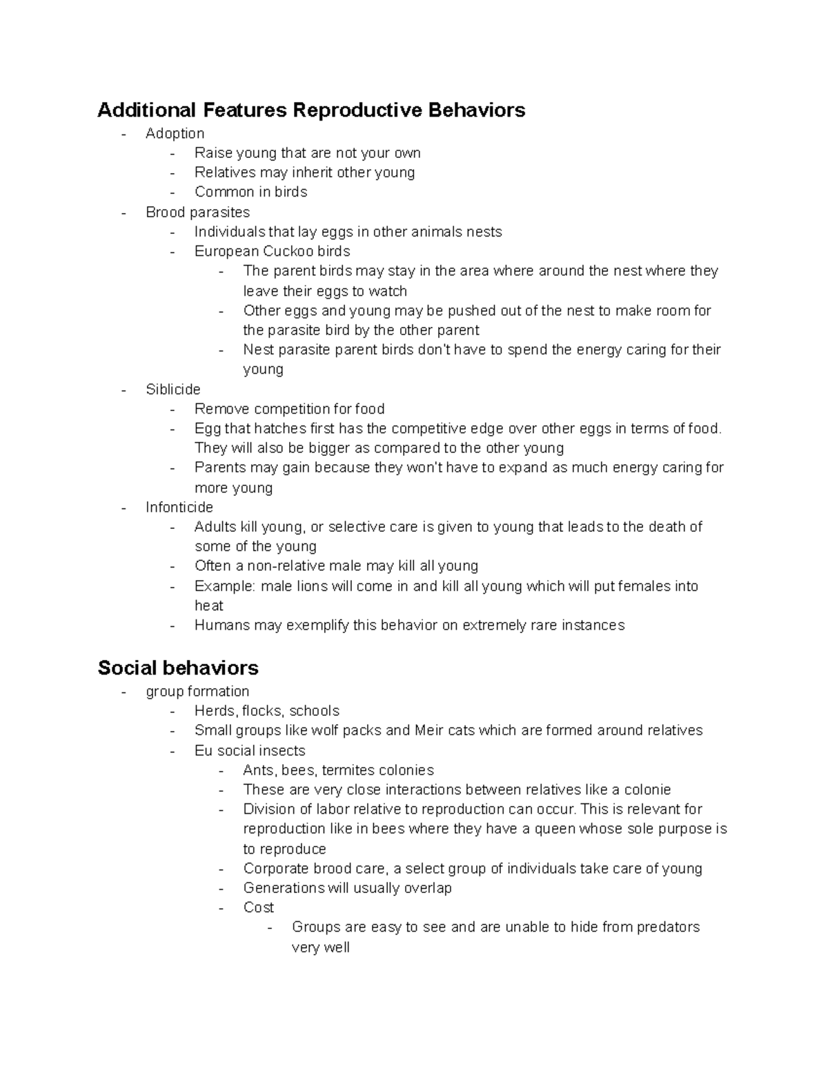 Animal Behavior- Additional notes - Additional Features Reproductive ...