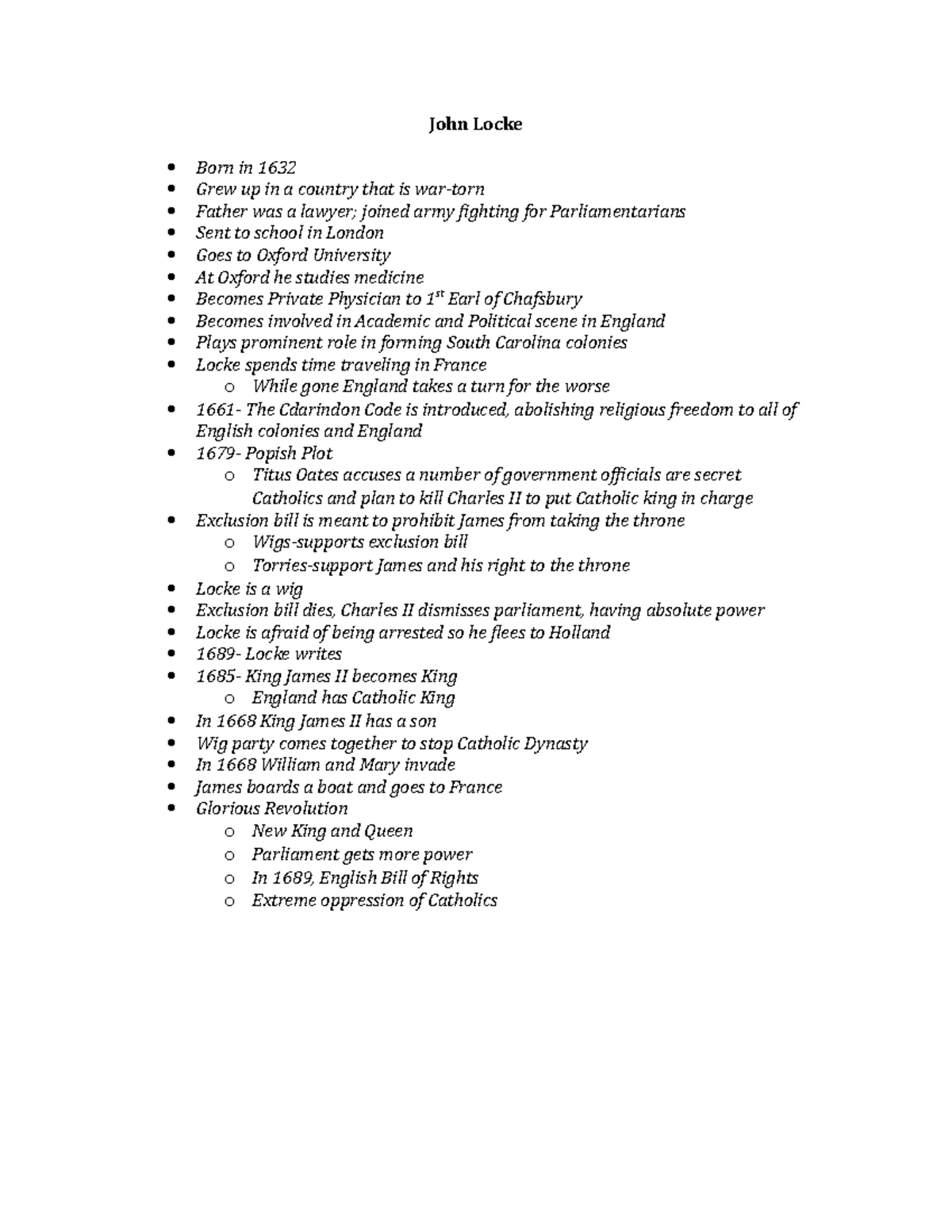 John Locke - Notes - John Locke Born in 1632 Grew up in a country that ...