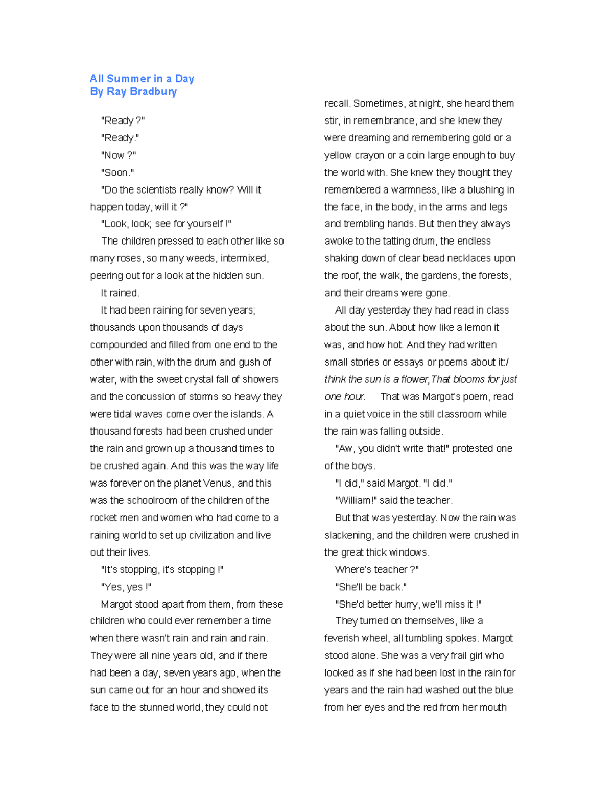 All summer in a day - All Summer in a Day By Ray Bradbury "Ready ...