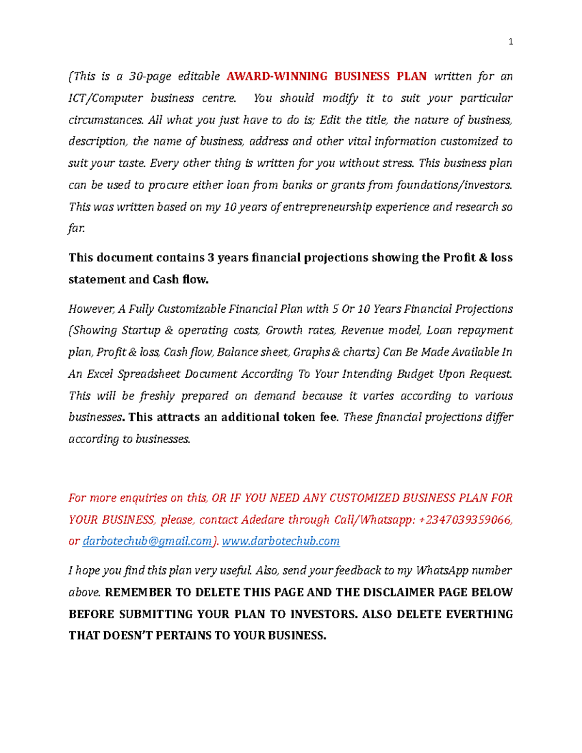 Editable business plan template to help people seeking for loan to get ...