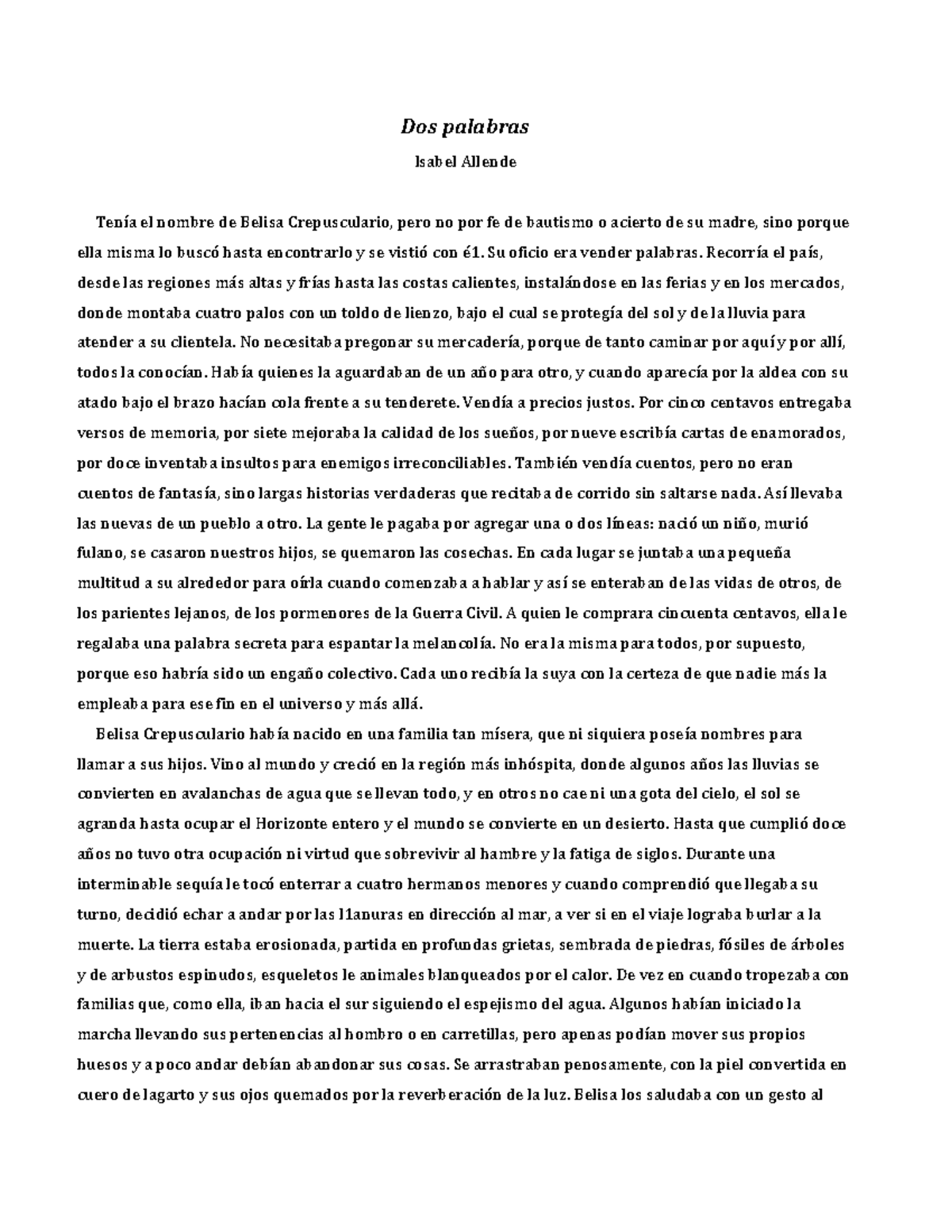 AP Spanish- Isabel Allende cuentos - Dos palabras Isabel Allende Tenía ...