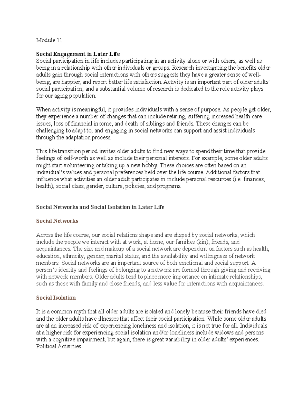 Module 11 - Lecture Notes - Module 11 Social Engagement in Later Life ...