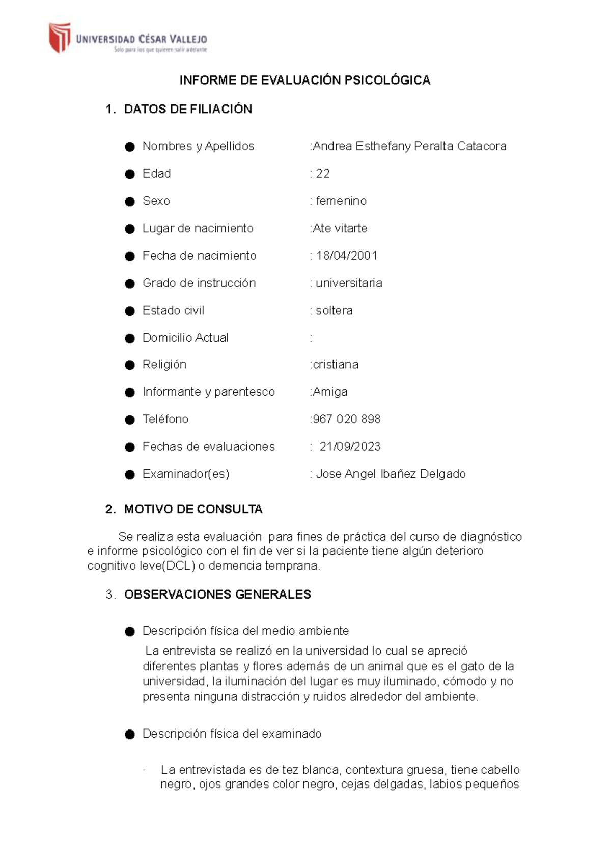 Informe Psicológico Del Test De Moca Informe De EvaluaciÓn 3646