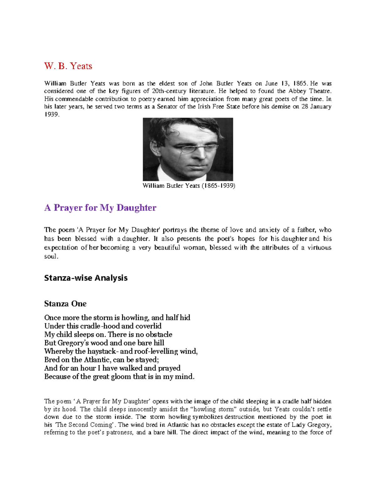 A Prayer Stanza wise Analysis - W. B. Yeats William Butler Yeats was ...