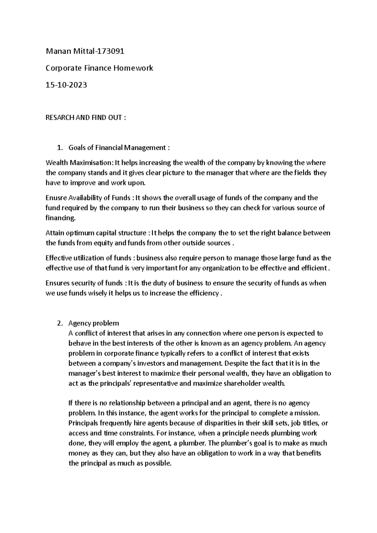 30 173091 - Manan Mittal- Corporate Finance Homework 15-10- RESARCH AND ...