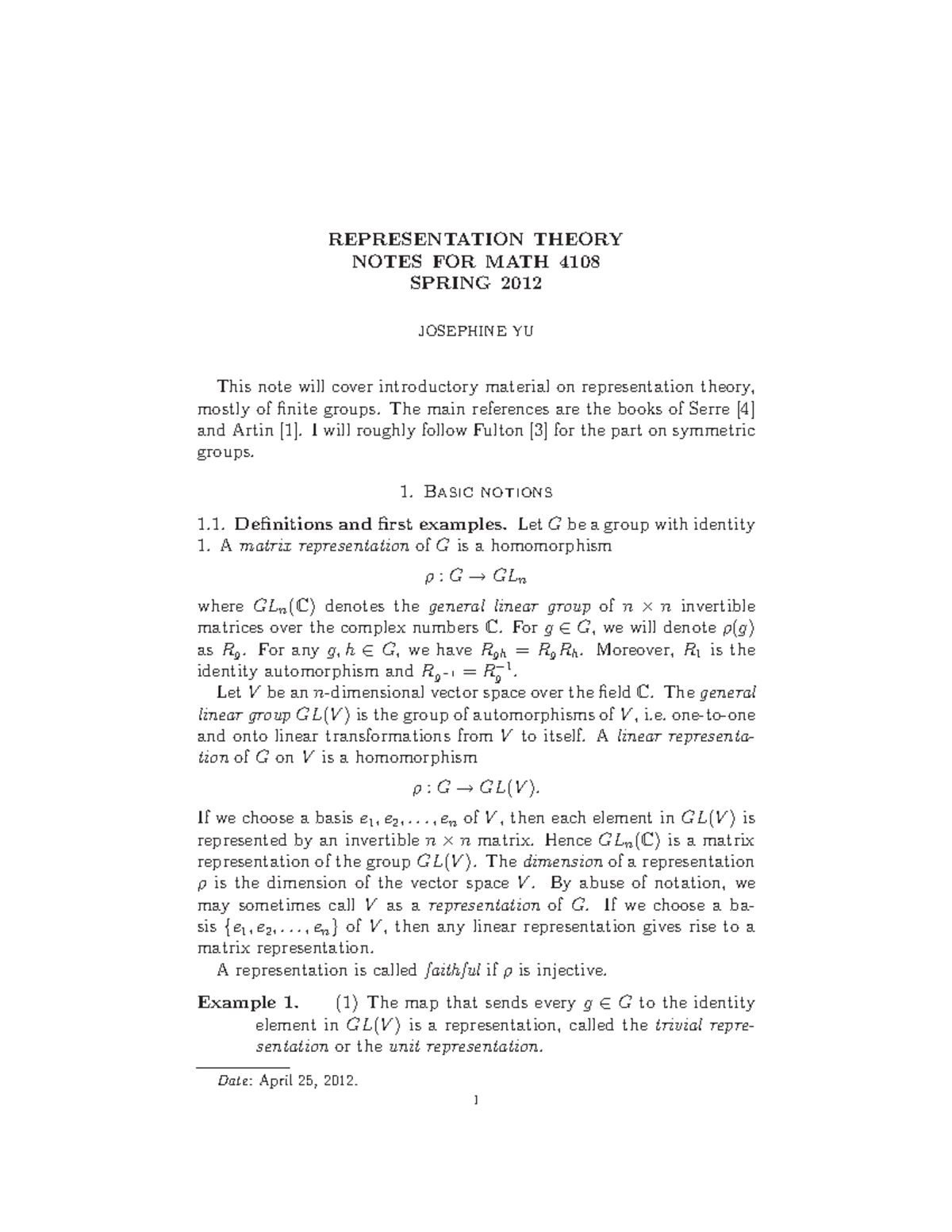 MATH 4108 2011-2012 Notes on representation theory - REPRESENTATION ...