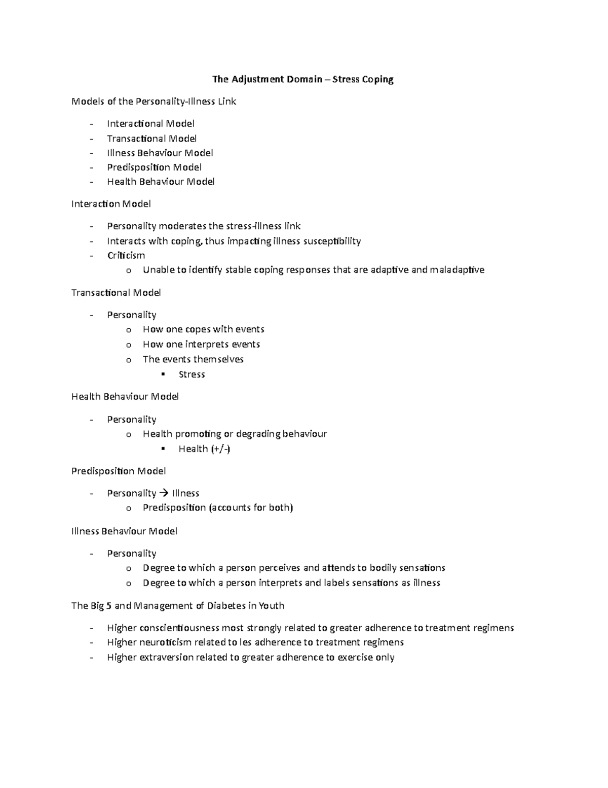 Lecture notes, lecture 17 - The Adjustment Domain – Stress Coping - The ...
