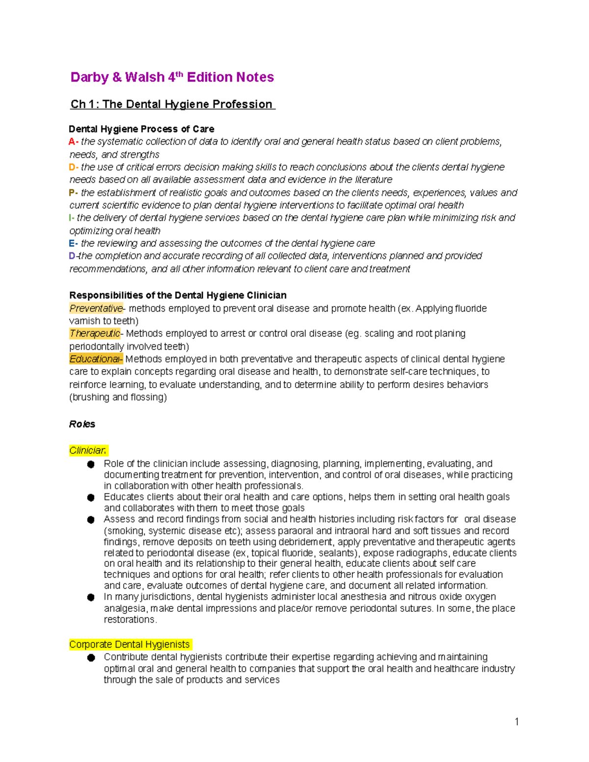 Darby Notes - Darby & Walsh 4th Edition Notes Ch 1: The Dental Hygiene ...