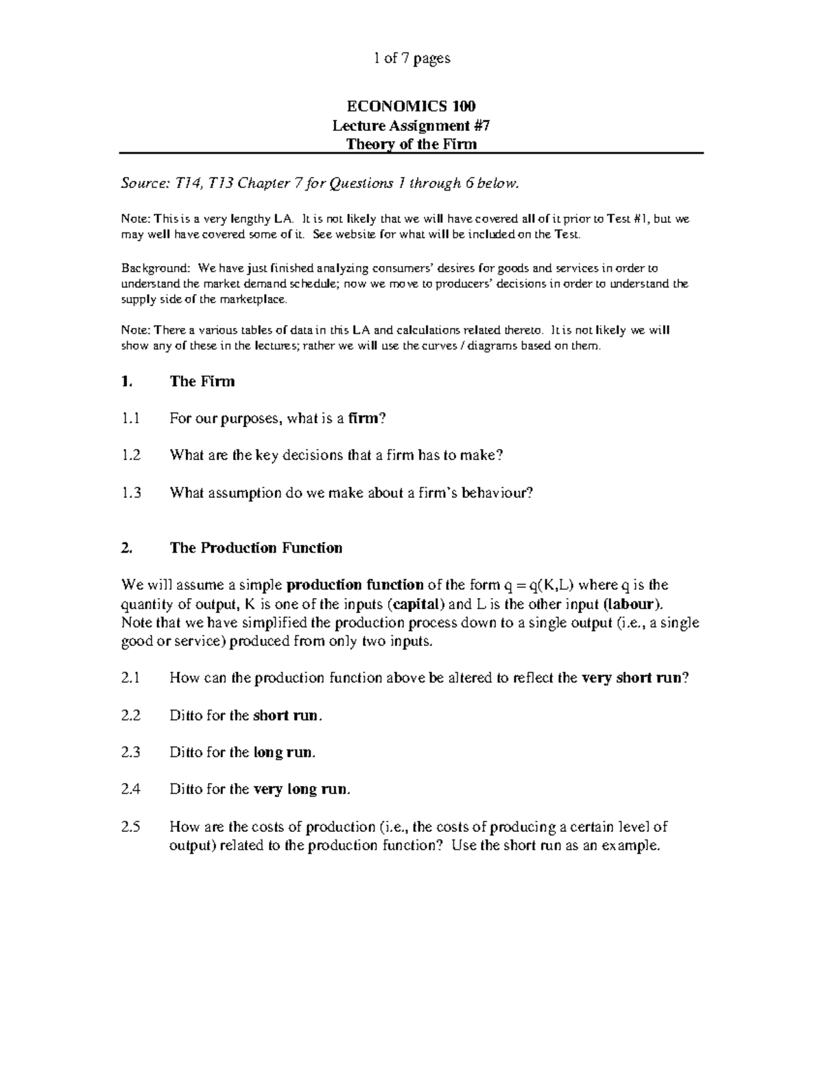 Seminar Assignments Lecture Assignment 7 And 8 Economics 100 Lecture Assignment Theory Of