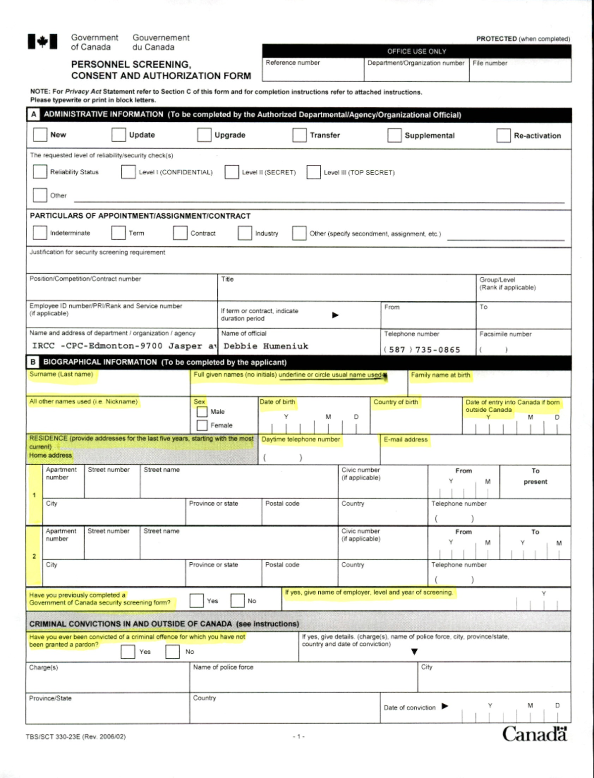 Security Screening Form - Government Gouvernement PROTECTED (when ...