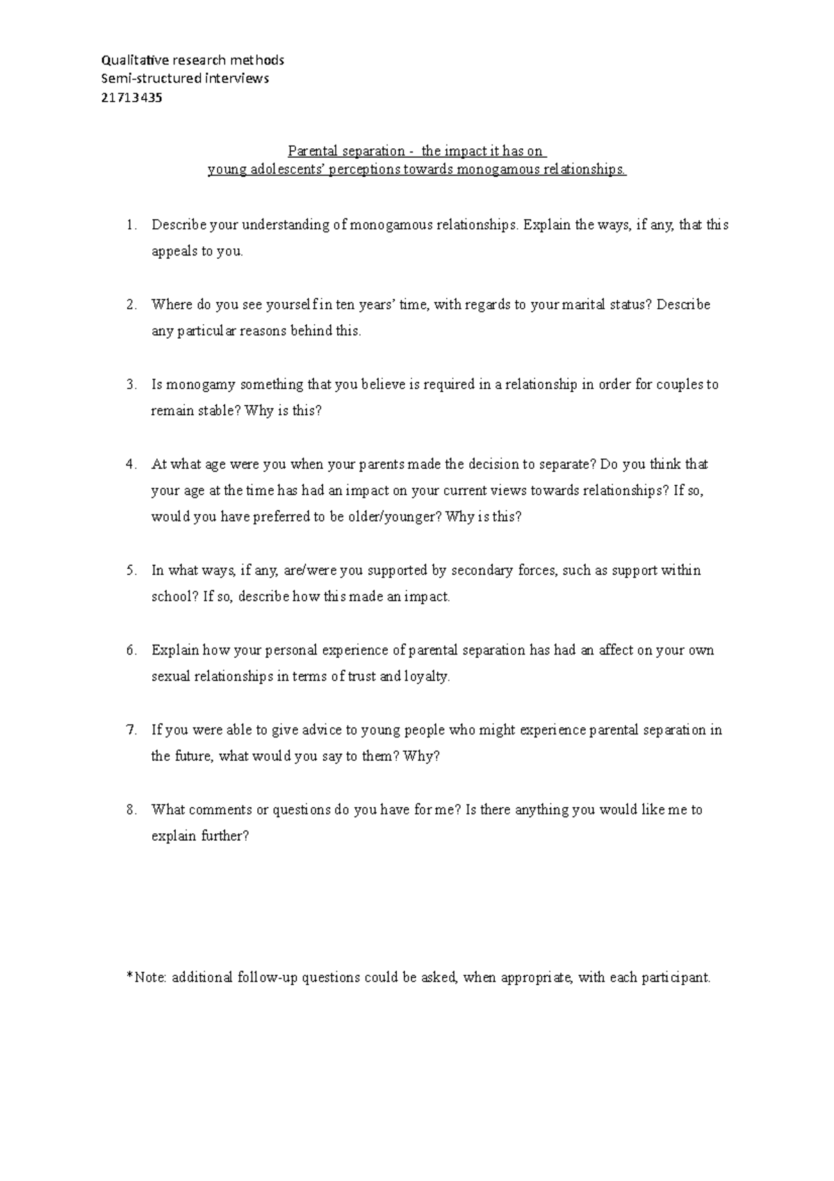 Parental separation semi-structured interview - Qualitative research ...