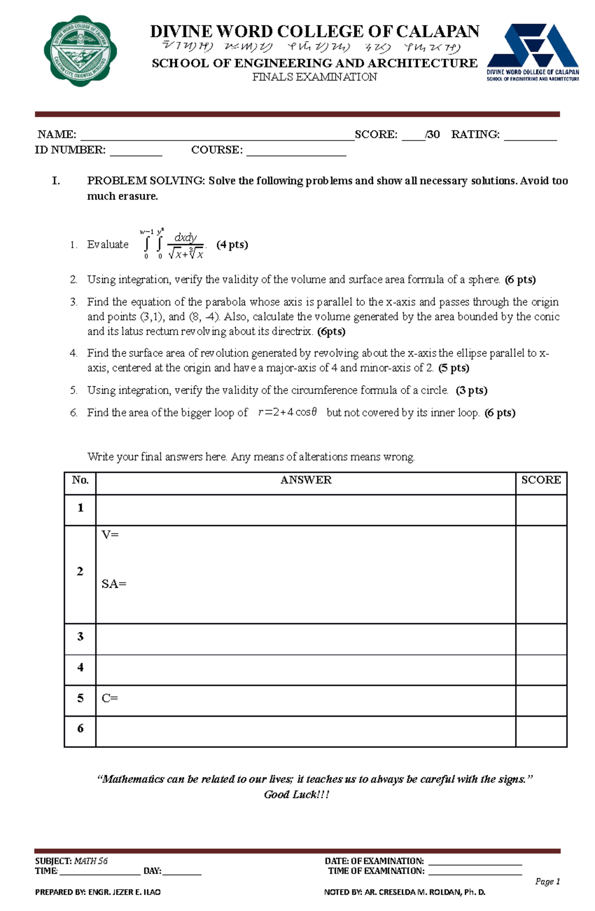 Math 56 finals - Lecture notes 1 - DIVINE WORD COLLEGE OF CALAPAN ...