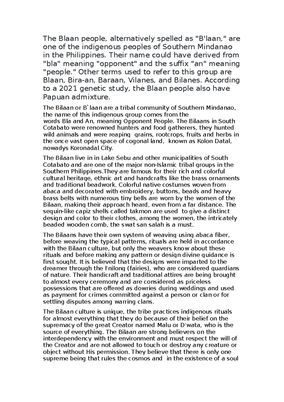 The Bilaan document - Education - Studocu
