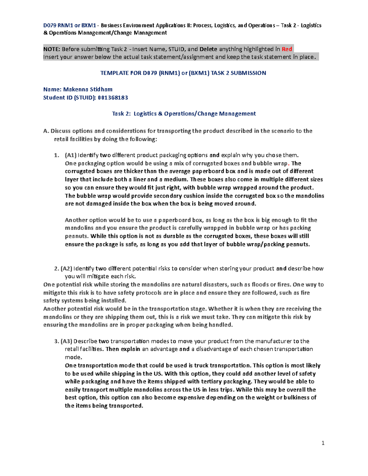 D079 Working Template Task 2 Pass - D079 RNM1 or BXM1 - Business ...