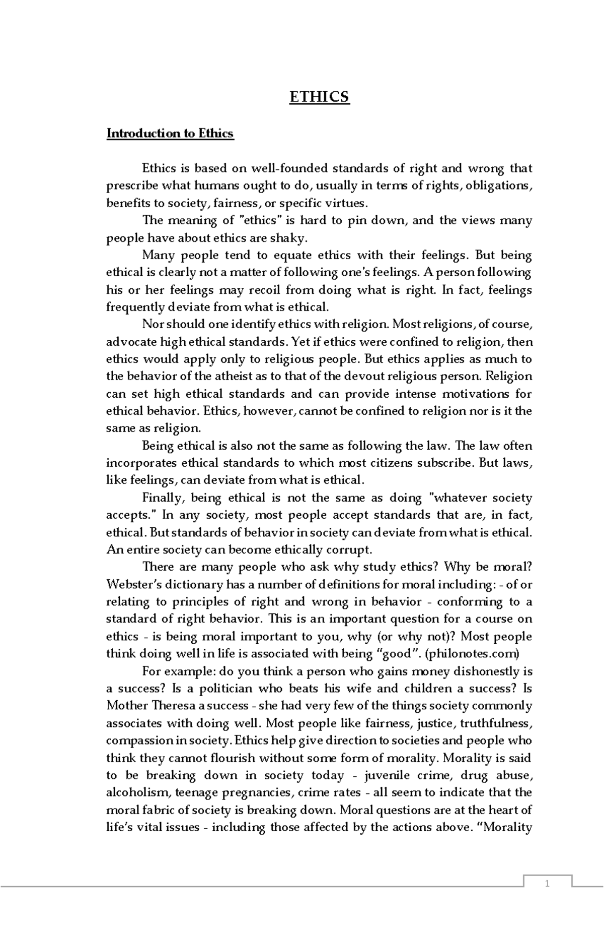 Ethics-I - Ethics-1 Recommended for you Document continues below 5 BIG Ideas - none - ETHICS ...