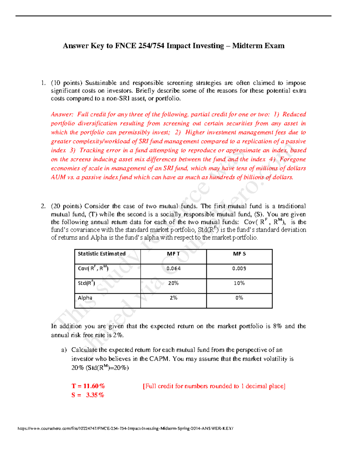FNCE 254 754 Impact-Investing Midterm Spring-2014- Answer KEY-1 - FNCE ...