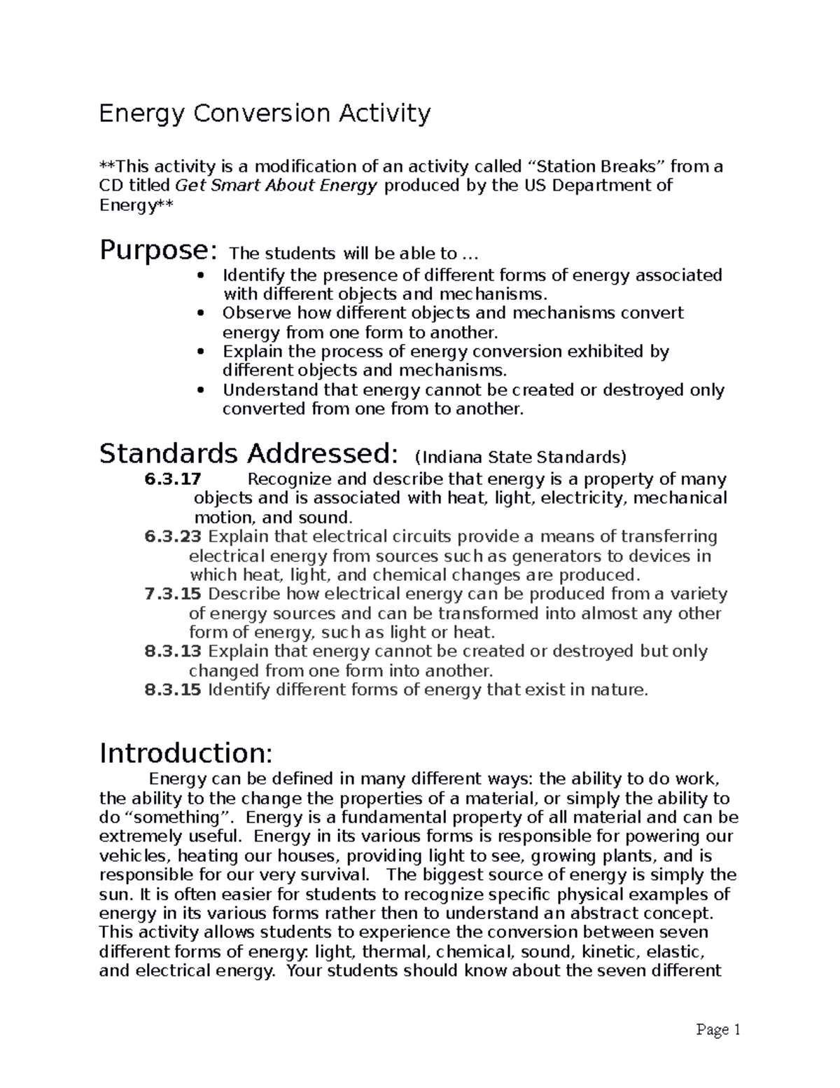 Energy Conversion Activity 1 - Energy Conversion Activity This activity ...