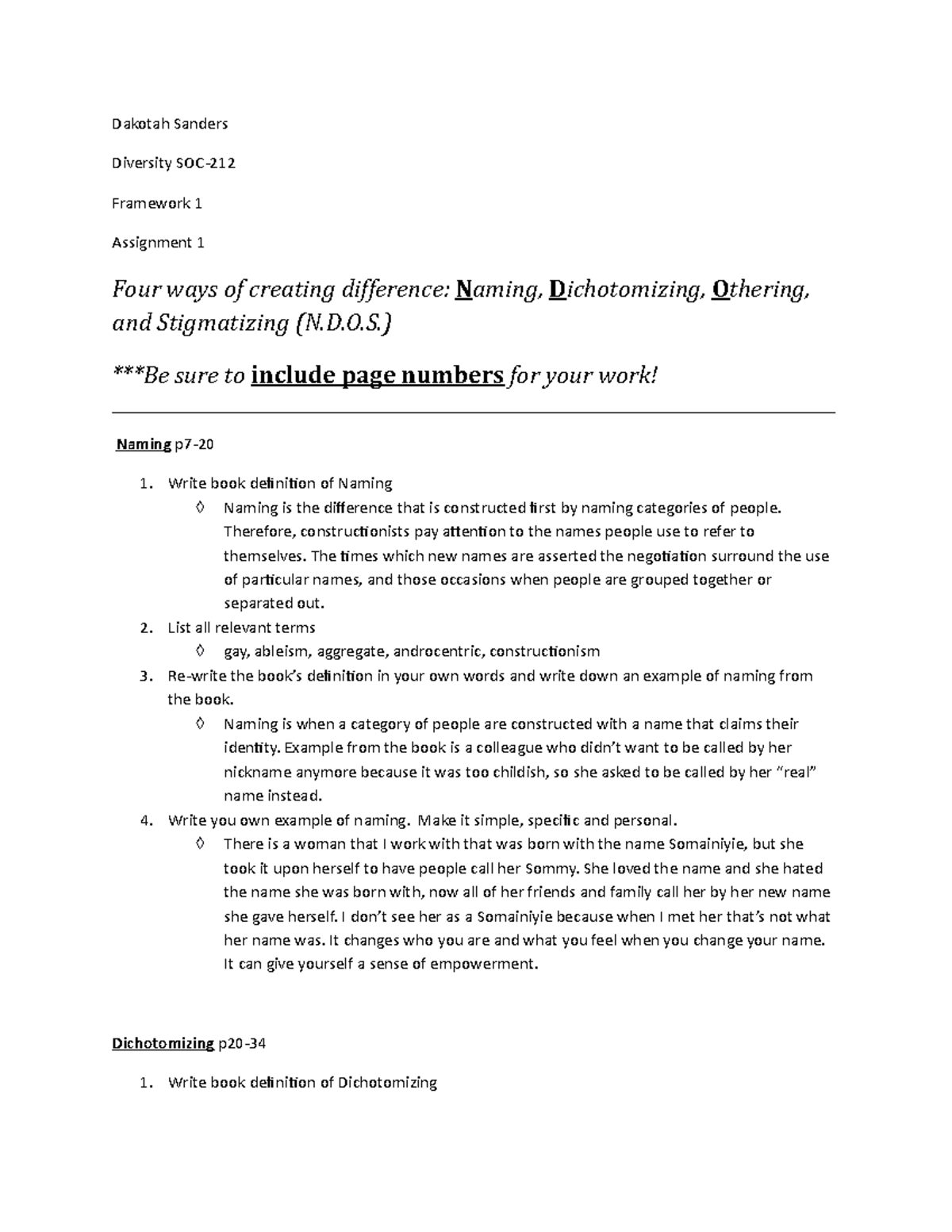 Diversity Framework 1 Assignment 1 - Dakotah Sanders Diversity SOC- Framework 1 Assignment 1 ...