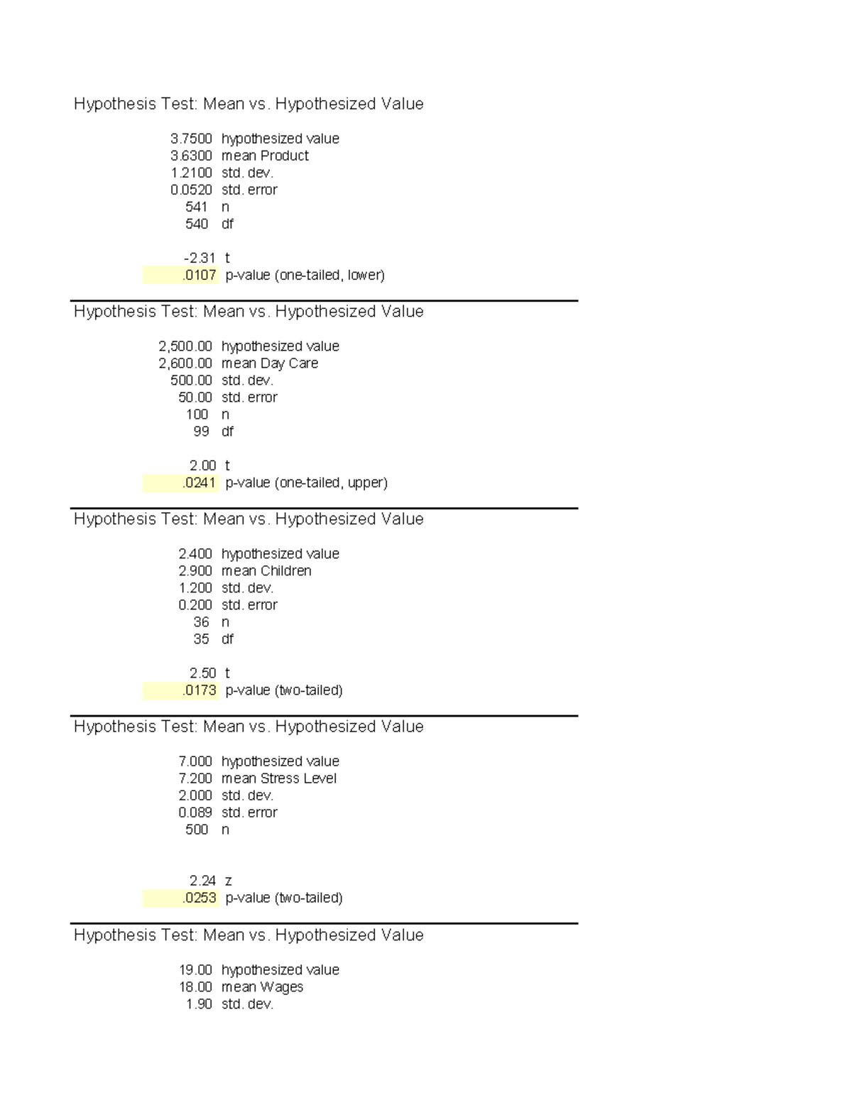 As 11 - Hypothesis Test: Mean vs. Hypothesized Value 3 hypothesized ...