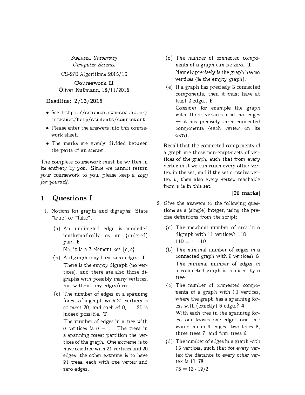 Assign 2 2015 Sol Swansea University Computer Science Cs 270 Algorithms 2015 Coursework Ii