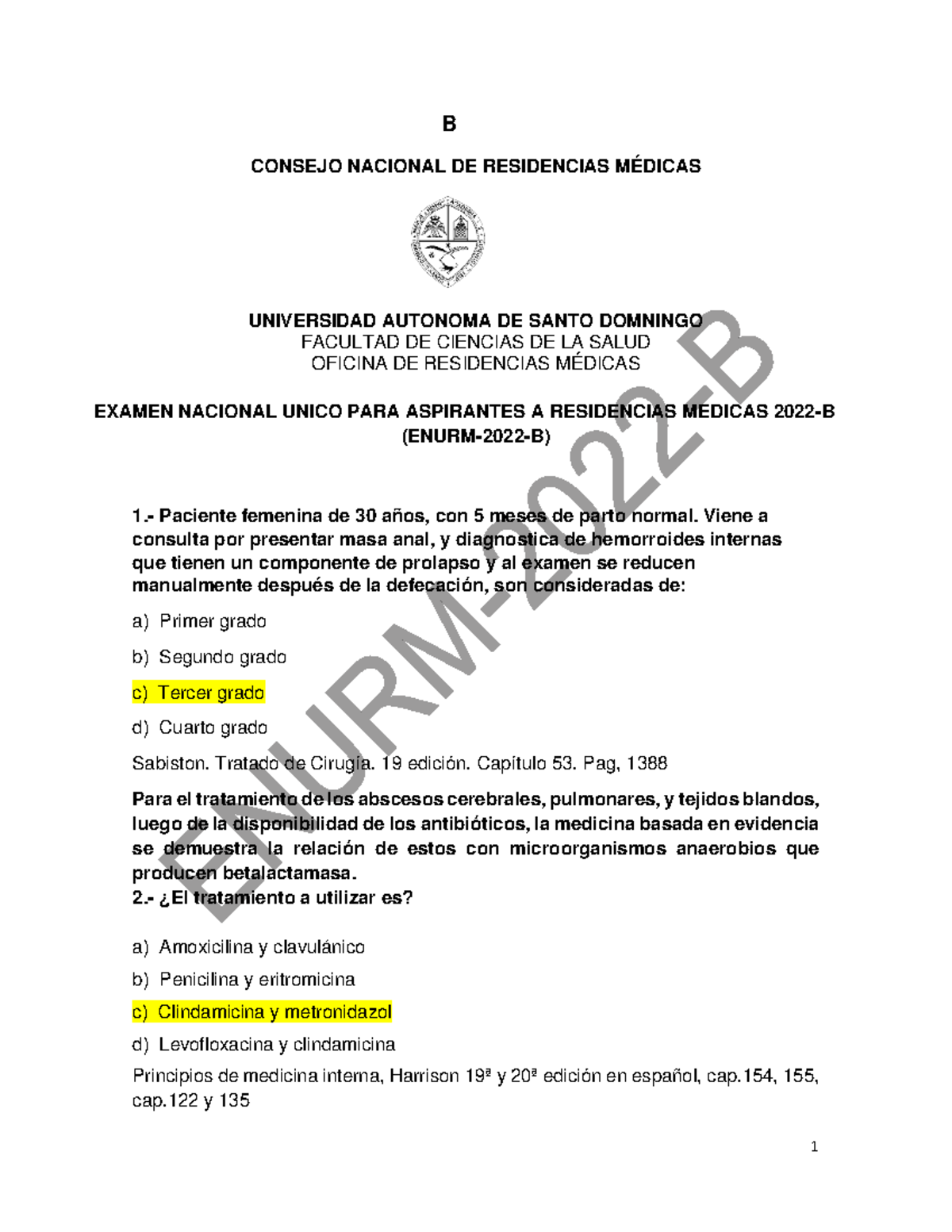 Enurm-2022-B, RESP - Examen unico de residencia medica - B CONSEJO ...