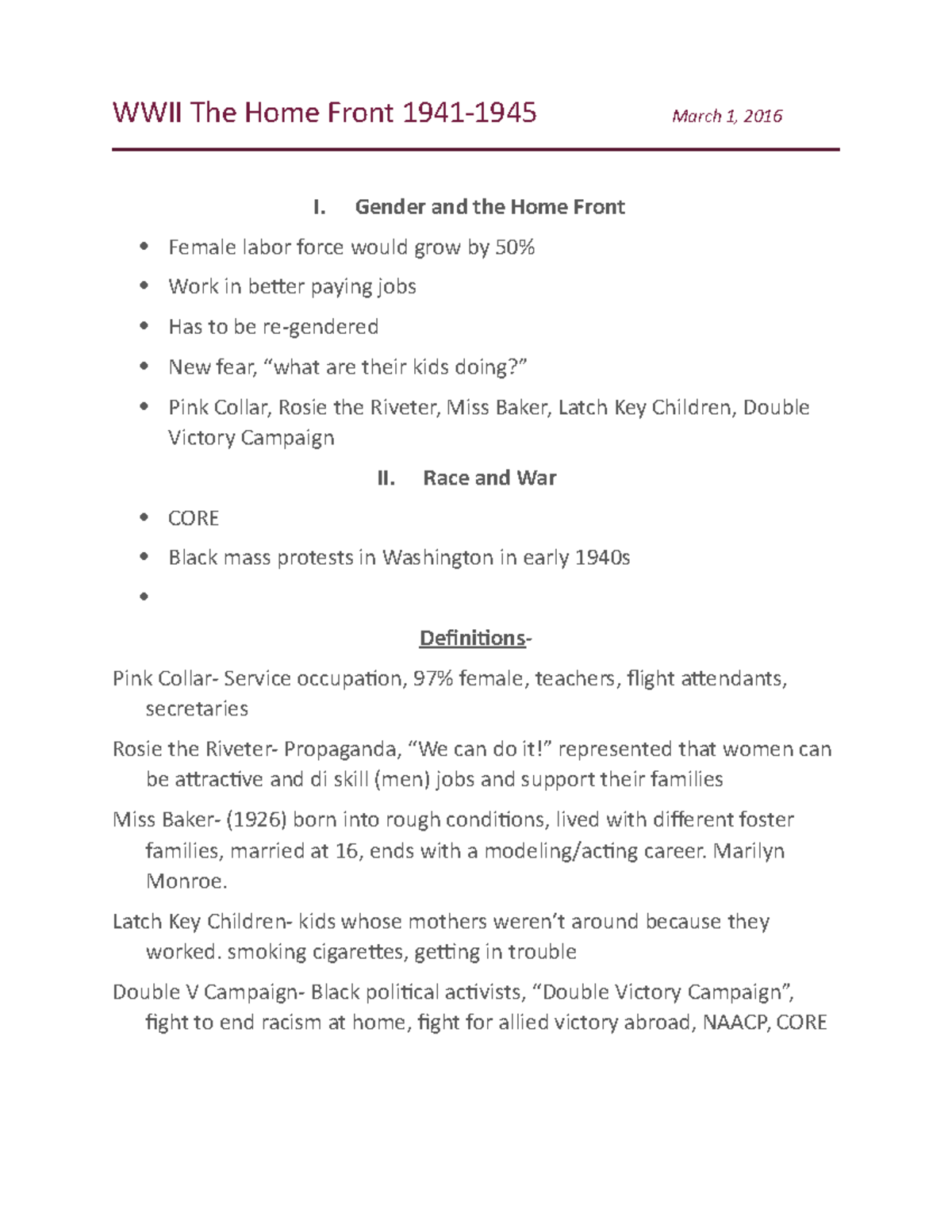 3:1:16 - Lecture notes 4 - WWII The Home Front 1941-1945 March 1, 2016 ...